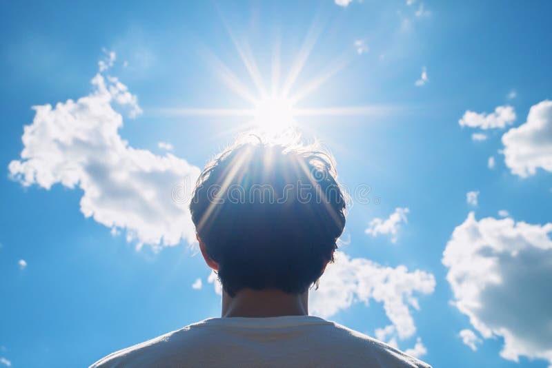 Back View of Man Looking into Sun in Blue Sky Stock Illustration ...