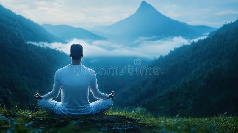 Back View of a Man Meditating on a Grassy Hill Overlooking Misty ...