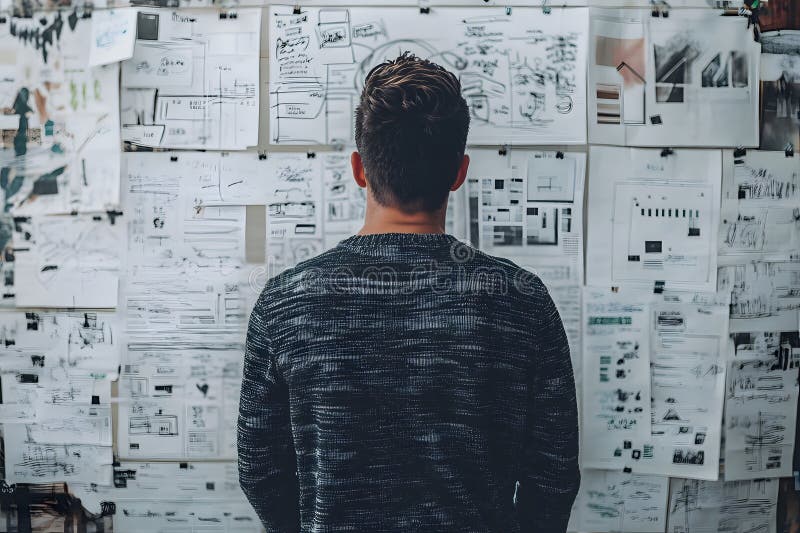 Back View of Man Observing Abstract Black and White Artwork, Creativity ...