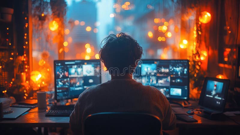 Back View of a Man Observing Multiple Screens in a Dark Room ...
