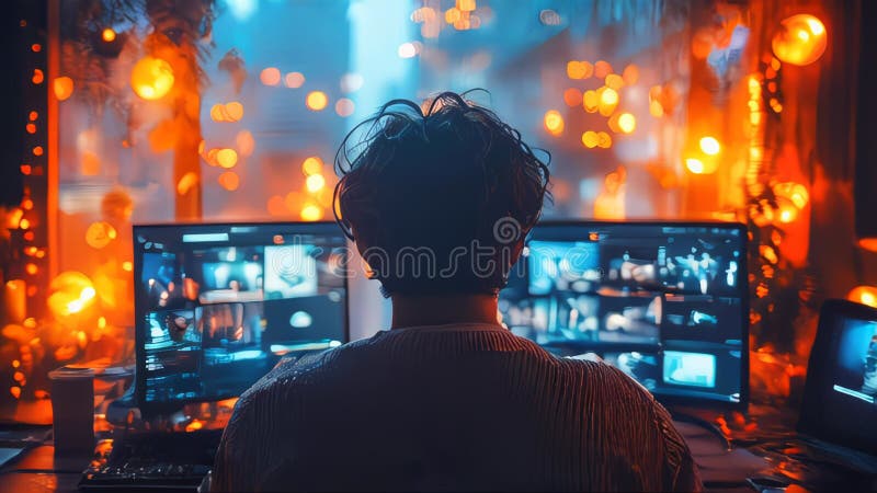 Back View of a Man Observing Multiple Screens in a Dark Room ...