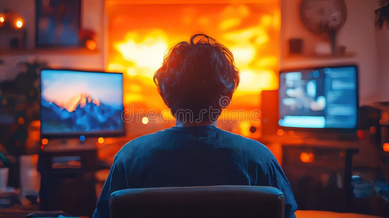 Back View of a Man Observing Multiple Screens in a Dark Room ...