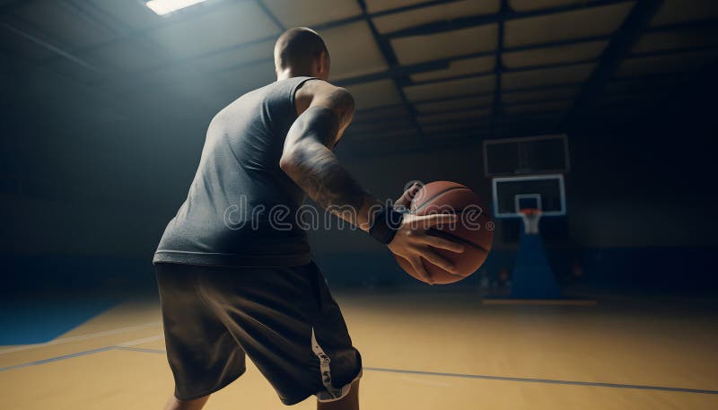 Back View of a Man Playing Basketball in a Dark Room, AI Generated ...