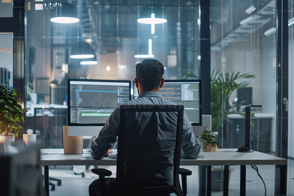 Back View of Man Programmer Working with Computer in Office Stock ...