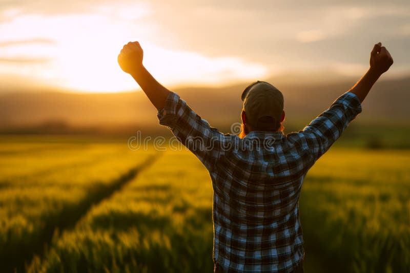 Back View of a Man with Raised Arms in Front of Green Field. Stock ...