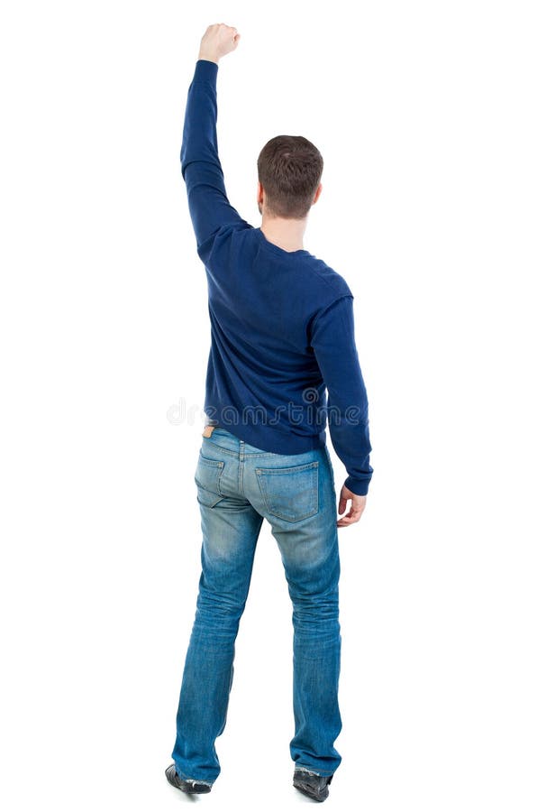 Back View of Man. Raised His Fist Up in Victory Sign. Stock Photo ...