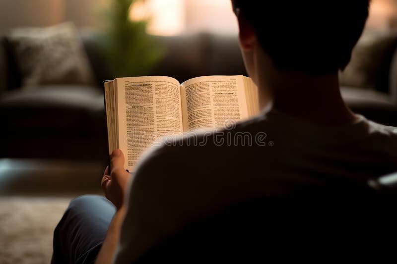 Back View of Man Reading Holy Bible Book. Focus is on the Book Stock ...