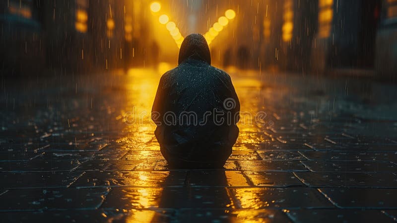 Back View of a Man Sitting on the Road in the Rain Stock Image - Image ...