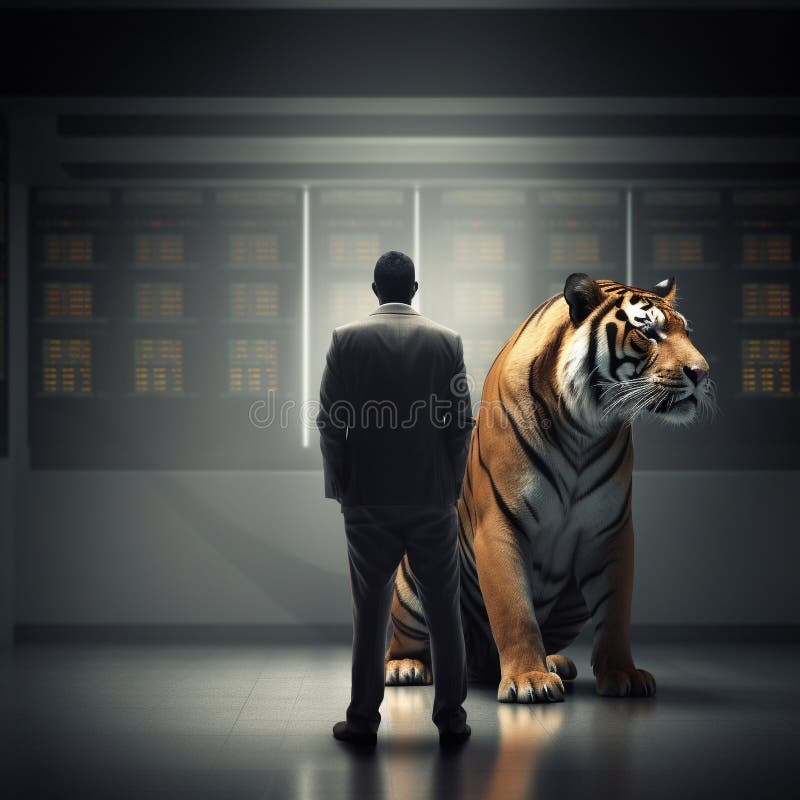Back View of a Man Stand with Tiger Stock Illustration - Illustration ...