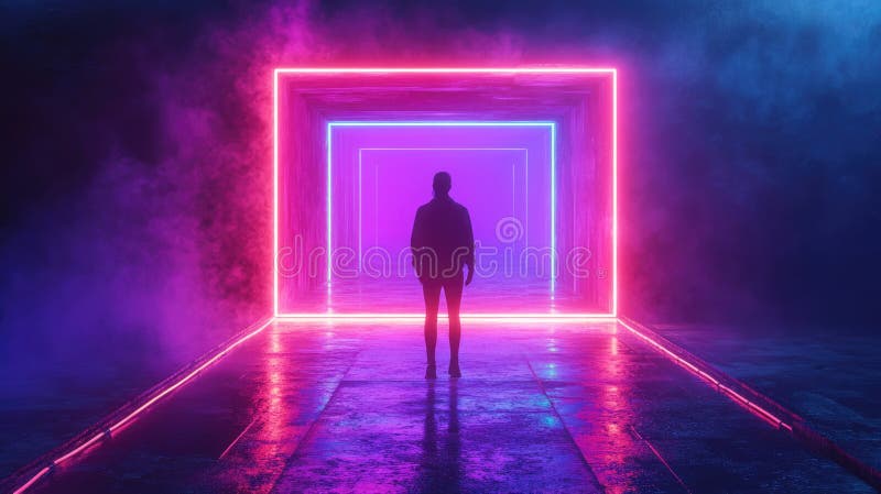 Back View of a Man Standing in Front of a Glowing Neon Frame Stock ...