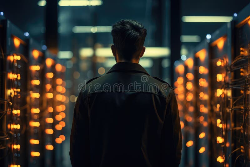 Back View of a Man Standing among Illuminated Servers in a Data Center ...