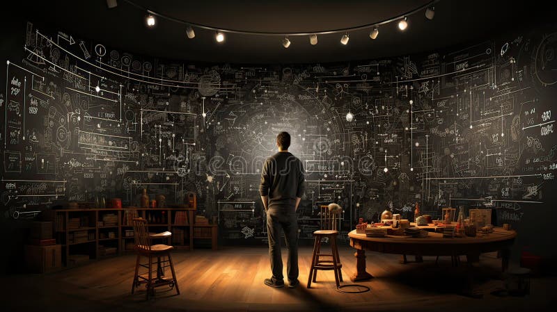 Back View of a Man Standing and Looking at a Mathematics Work on the ...