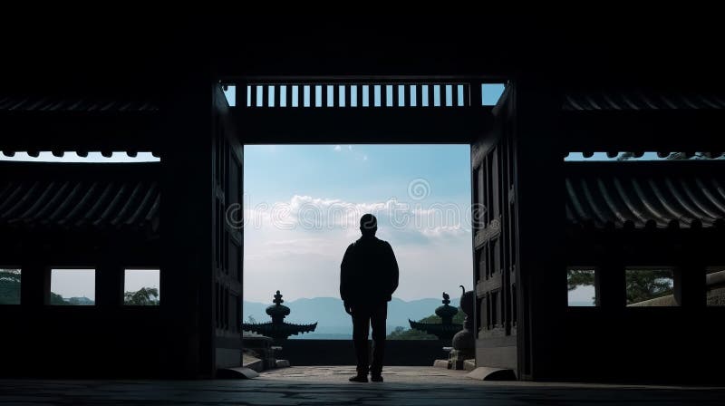 Back View of Man Standing in the Temple at the Gateway with Mountain ...