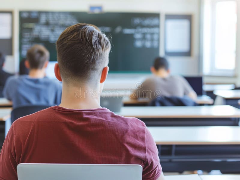 Back View of Man Student Using Laptop in Classroom. by Generative Ai ...