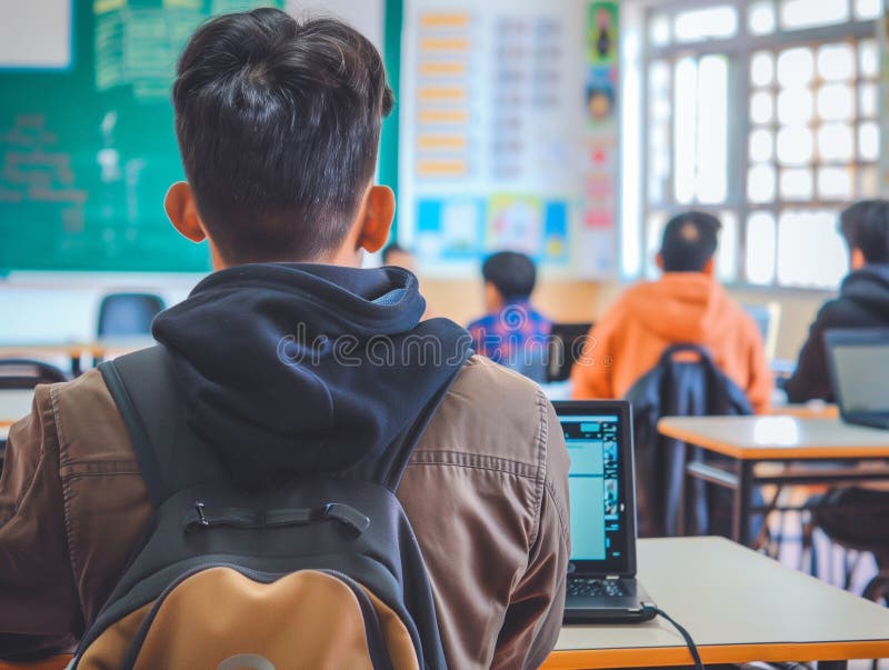 Back View of Man Student Using Laptop in Classroom. by Generative Ai ...