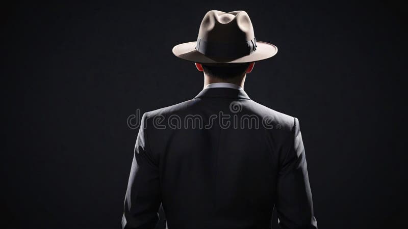 Back View of a Man in a Suit and Fedora Against a Black Background ...