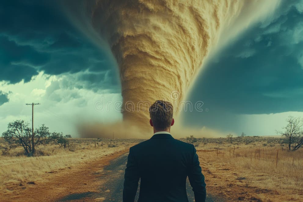 Back View of a Man in a Suit in Front of a Tornado Coming Towards Him ...