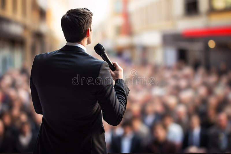 Back View of Man in Suit Holding Public Speech in Front of Crowd Stock ...