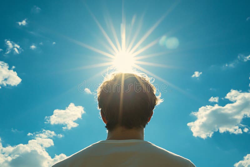 Back View of Young Man with Sun Shining in Blue Sky Stock Illustration ...