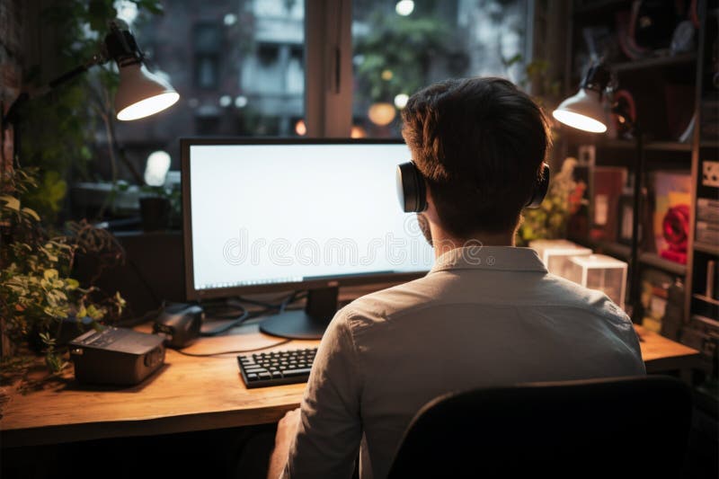 Back View of a Man Using a Computer Stock Illustration - Illustration ...