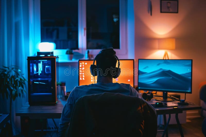 Back View of Man Using Computer at Home in Neon Lights Stock ...