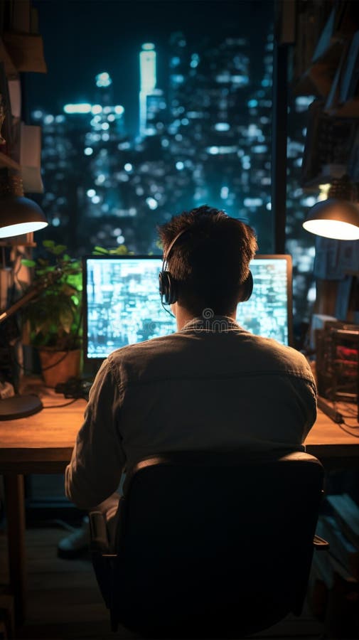 Back View of a Man Using a Computer Stock Illustration - Illustration ...