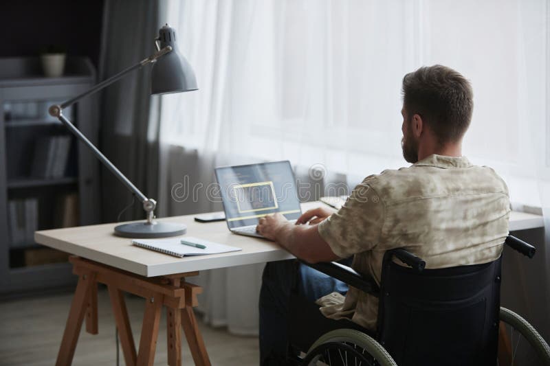 Back View of Man Using Wheelchair Working with Computer at Home Stock ...