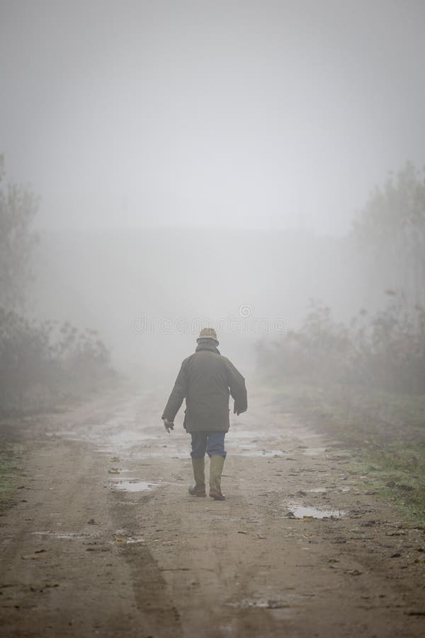 Back View of a Man Walking on a Muddy Road on a Foggy Day Stock Photo ...