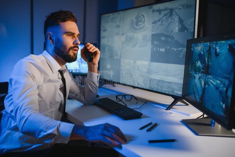 Back View of Man Watching Surveillance Footage and Map on Computers ...