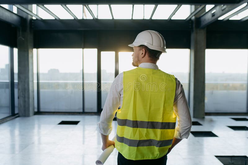 Back View of Man in Work Vest Standing on Territory Construction Area ...