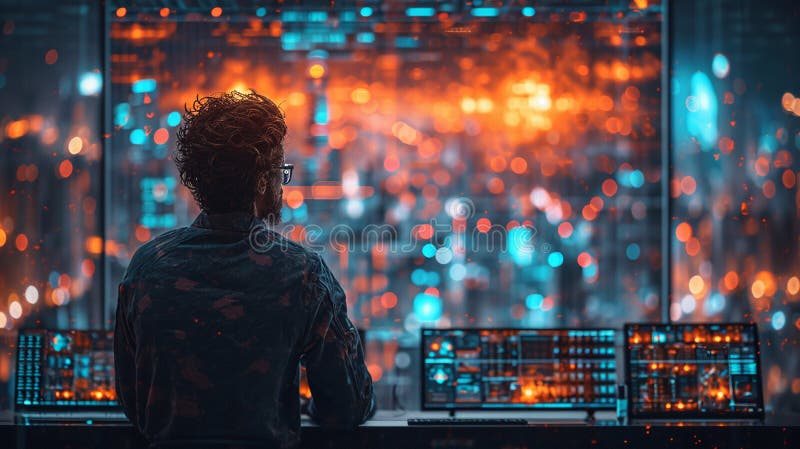 Back View of Man Working with a Neural Network Stock Illustration ...