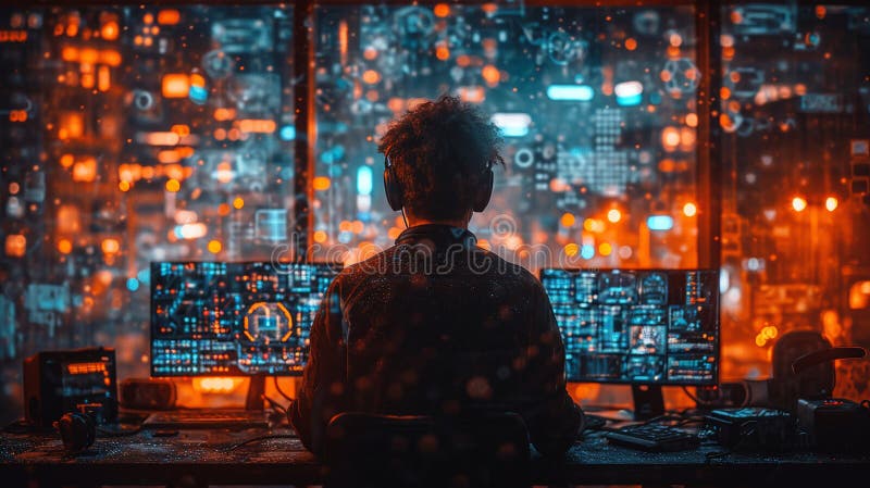 Back View of Man Working with a Neural Network Stock Illustration ...