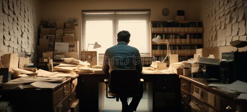 Back View of Man Working at Office with a Many Documents. Generative Ai ...