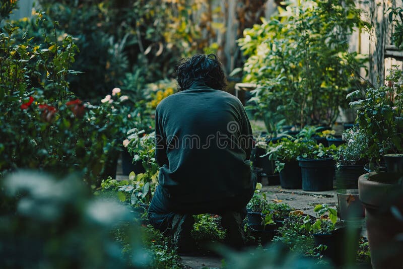 Back View of Man Working in an Urban Garden in City Stock Illustration ...