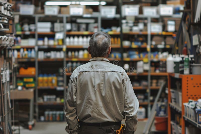 Back View of Mature Man in Builder S Uniform in Hardware Store Stock ...