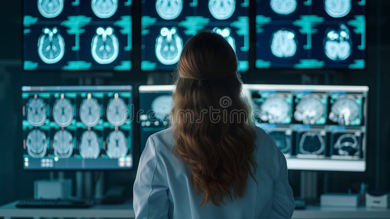 Back View of Medical Expert Deciphering Complex Body Scans on Multiple ...