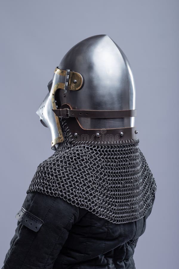 Back View of a Medieval Bascinet Helmet with Hounskull Visor Stock ...