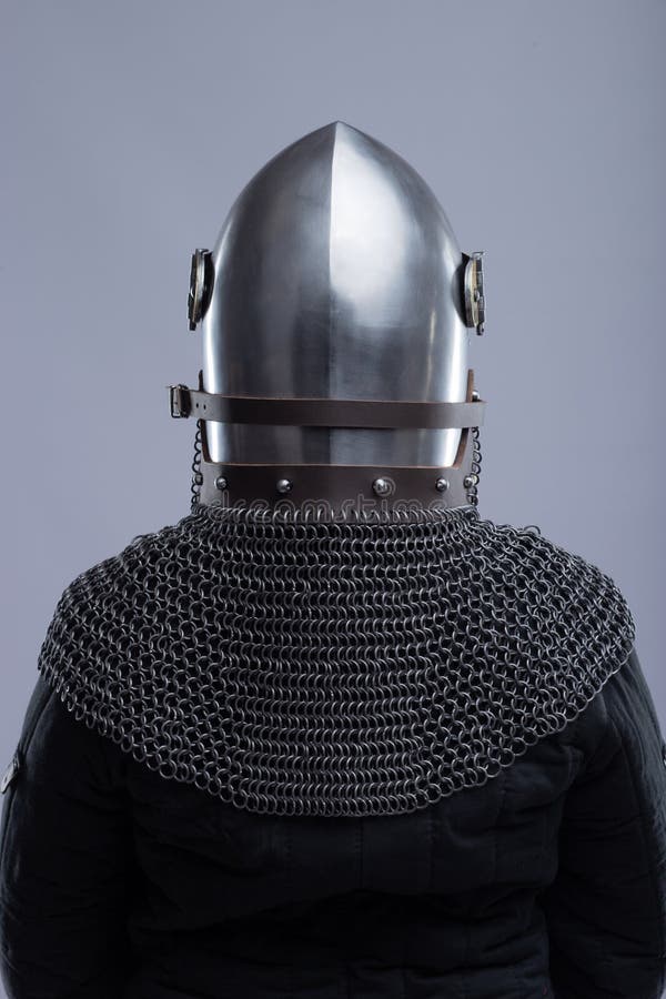Back View of a Medieval Bascinet Helmet with Hounskull Visor Stock ...
