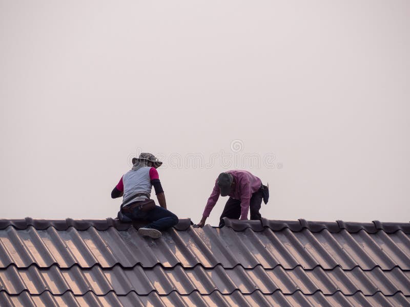 Back View of Men Working Repair on the Roof Stock Image - Image of ...