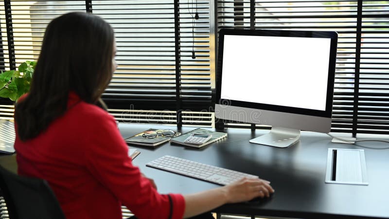 Back View of Millennial Woman Corporate CEO Working with Computer at ...