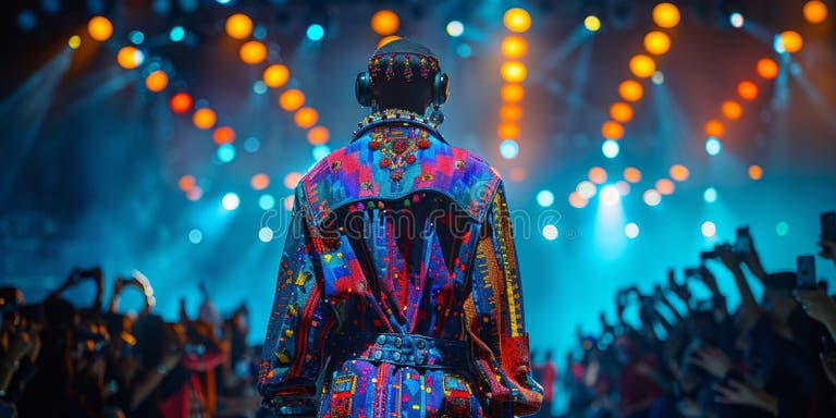 Back View of a Model in a Vibrant Embroidered Jacket Walking Down the ...