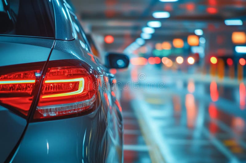 Back View of a Modern Car with Glowing Tail Lights Parked in an ...