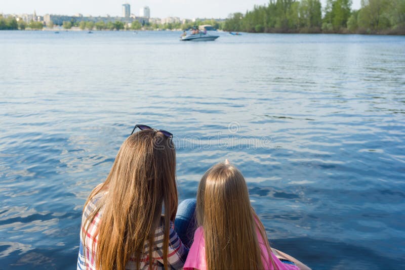 Back View Mother and Daughter Watching the Water Stock Photo - Image of ...