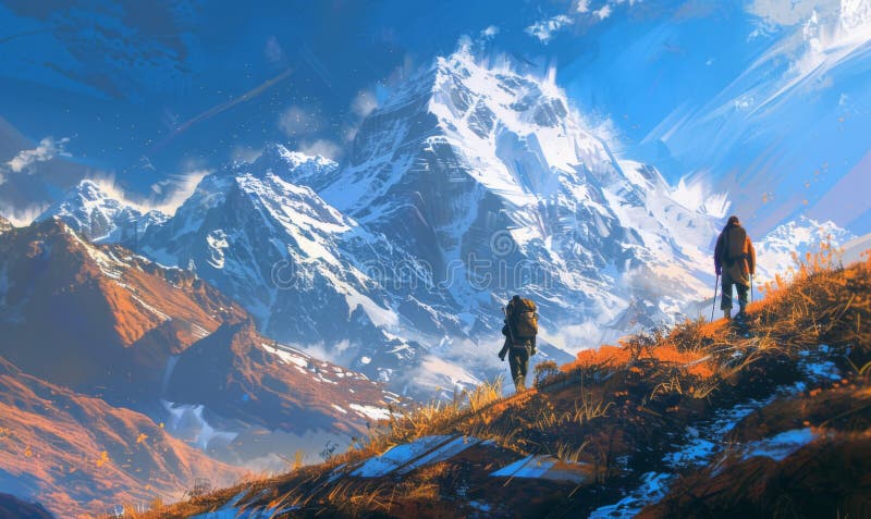 Back View of Mountain Nomads People Traversing Mountain Range Stock ...