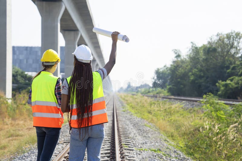 Back View Multi Ethnic Railway Construction Workers Working Outdoors ...
