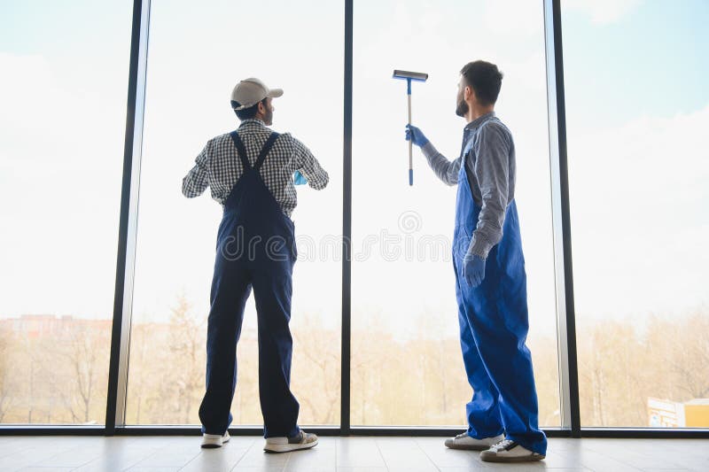 Back View of Multicultural Professional Workers Washing Large Panoramic ...