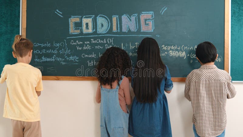 Back View of Student Writing Prompt at Board while Girl Turn Around. Pedagogy. Stock Image ...