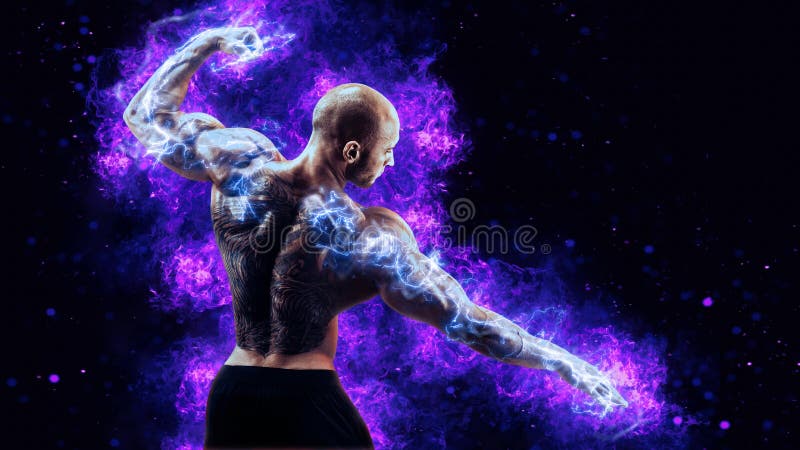 Muscular Body Builder Flexing His Muscles with Energy Lights on Hands ...