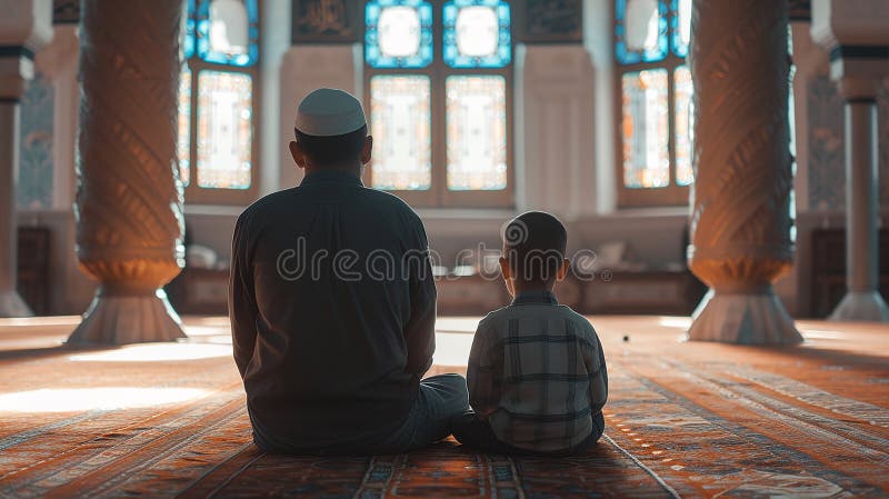 Back View of a Muslim Father and Son Praying in Mosque, Islamic Concept ...