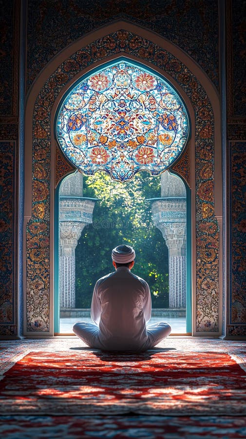 Back View of a Muslim Man Praying. Artificial Intelligence. Stock Photo ...